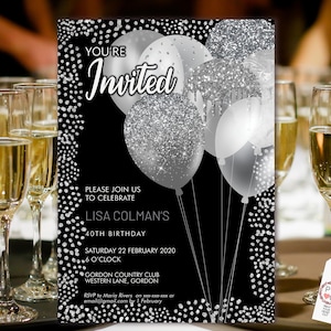 Silver Birthday Balloons Invitation Printable Template, Black Silver ...
