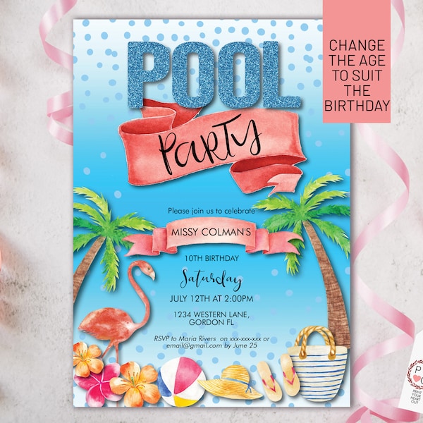 Palm Tree Pool Party Birthday Invitation - Etsy