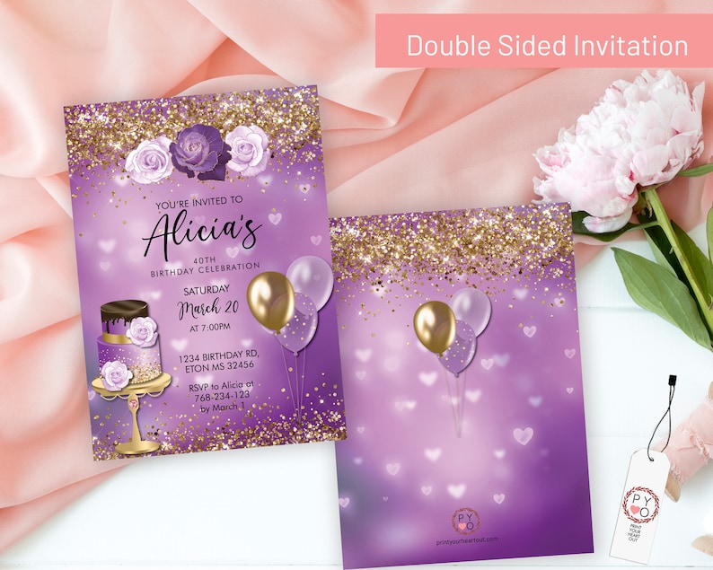 Lilac Purple Birthday Invitation: Gold Glitter Cake, Balloons ...