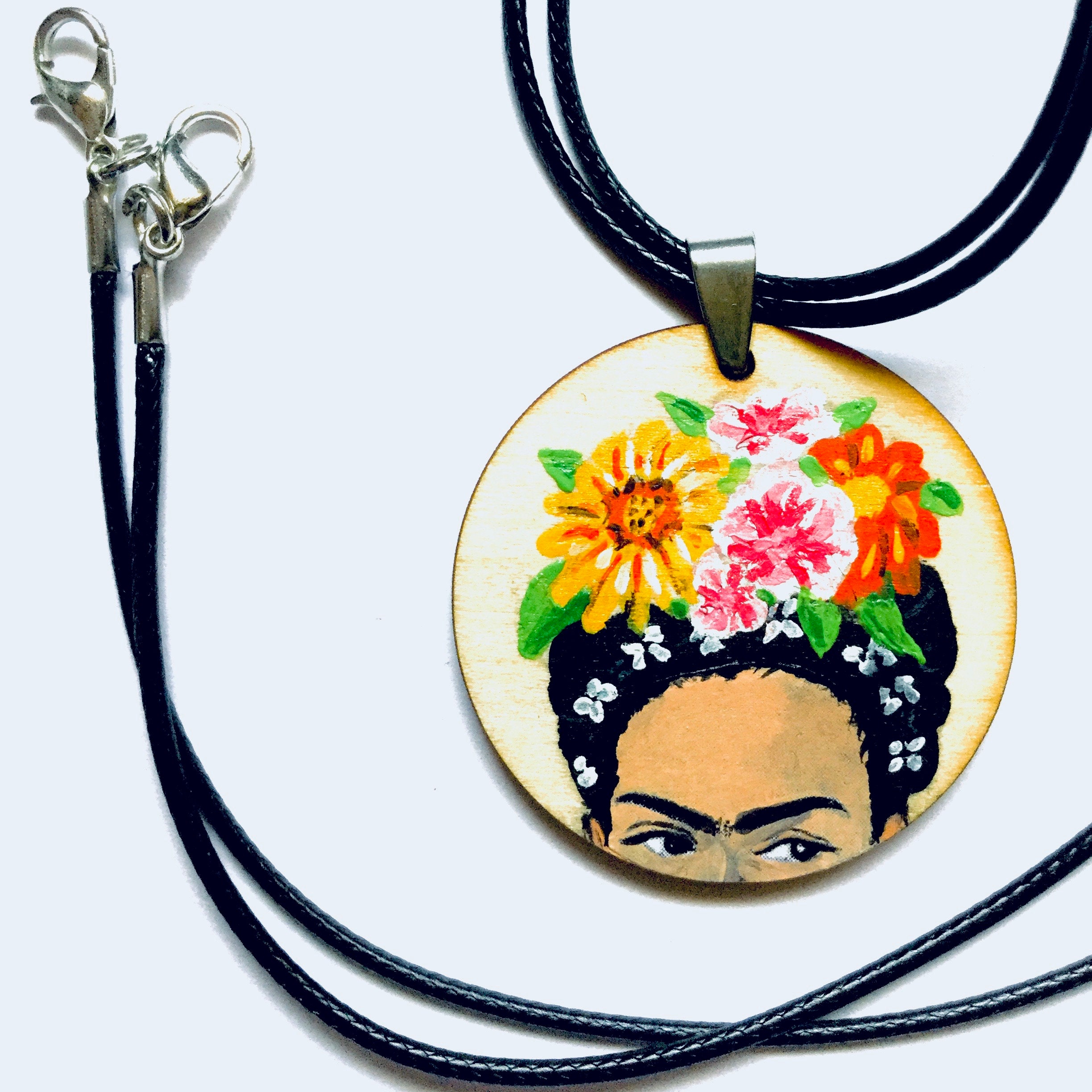 Floral Frida Pendant Necklace Hand Painted Wooden Floral Pendant ...