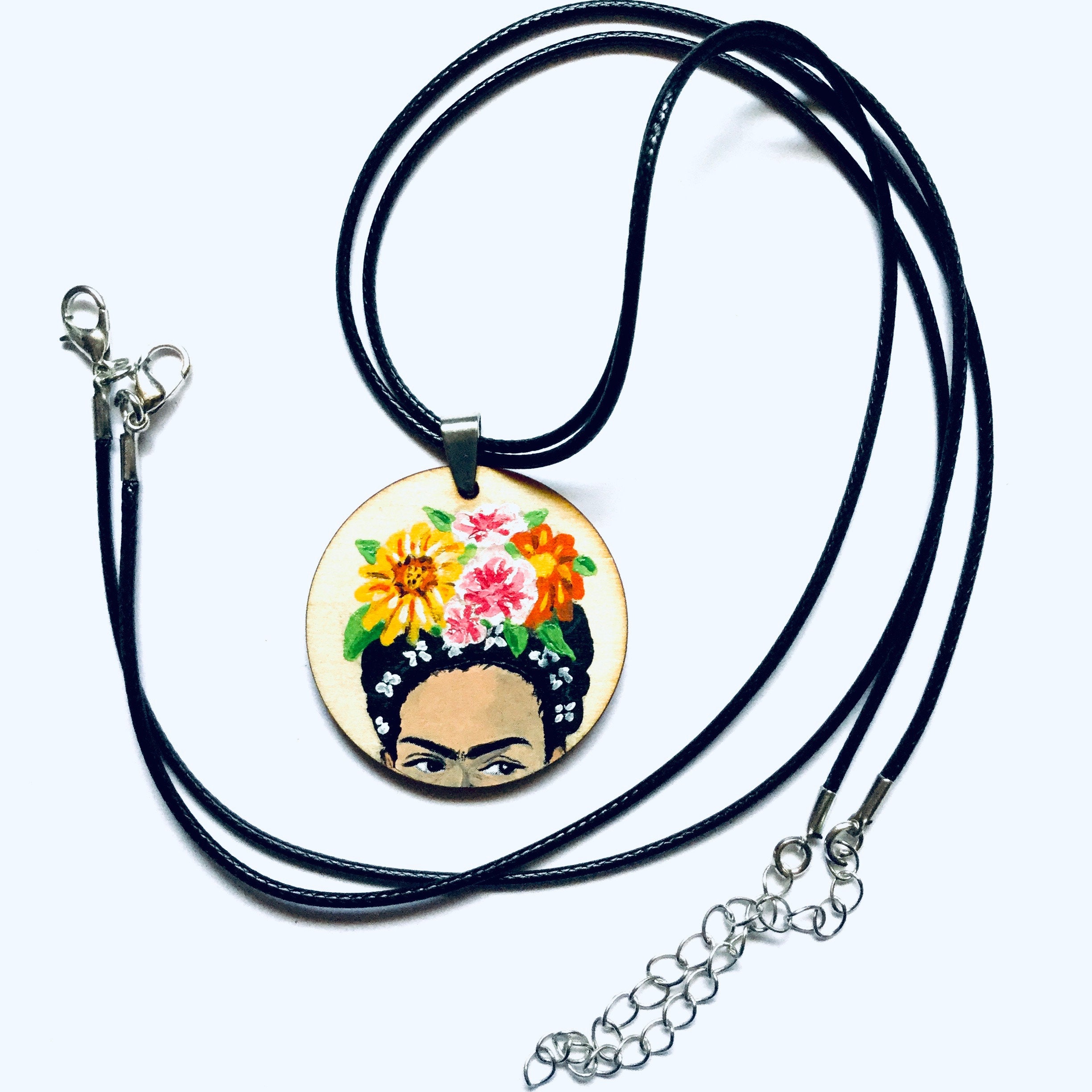 Floral Frida Pendant Necklace Hand Painted Wooden Floral Pendant ...