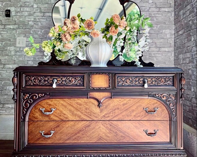New***victorian Style Two Tone Stained Vintage Dresser With Mirror ...
