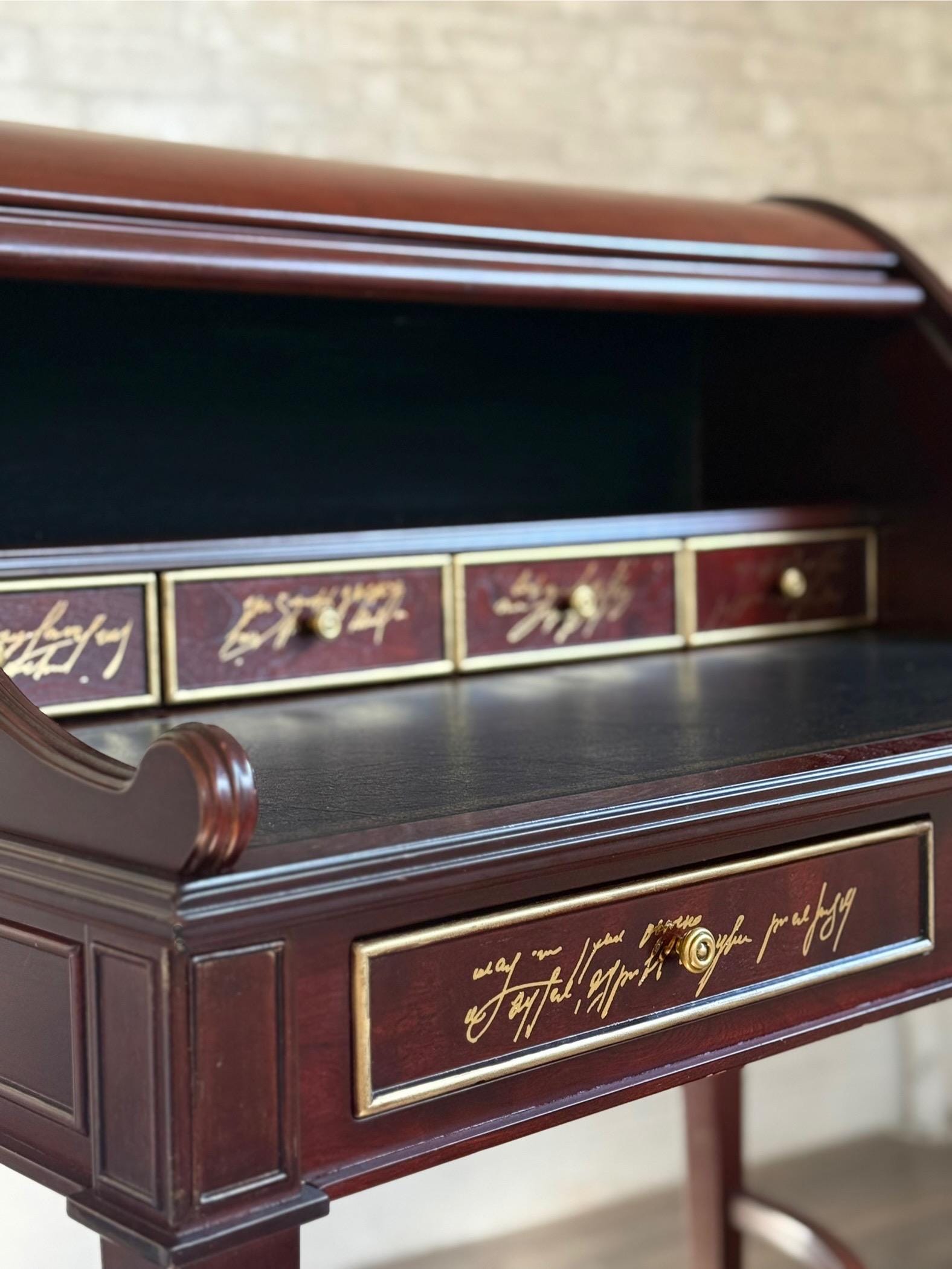New***secretary Desk With Tambour Roll Top and Leather W/ Gold Trim ...