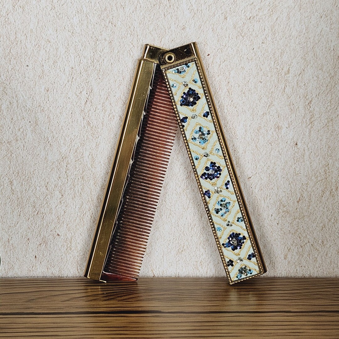 Vintage Folding Comb Jeweled Goldtone Metal Comb Case Hair or Mustache ...