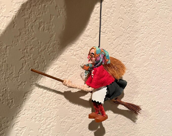 Vintage Good Luck Beautiful Old Kitchen Witch on A Broom Ornament Euro ...