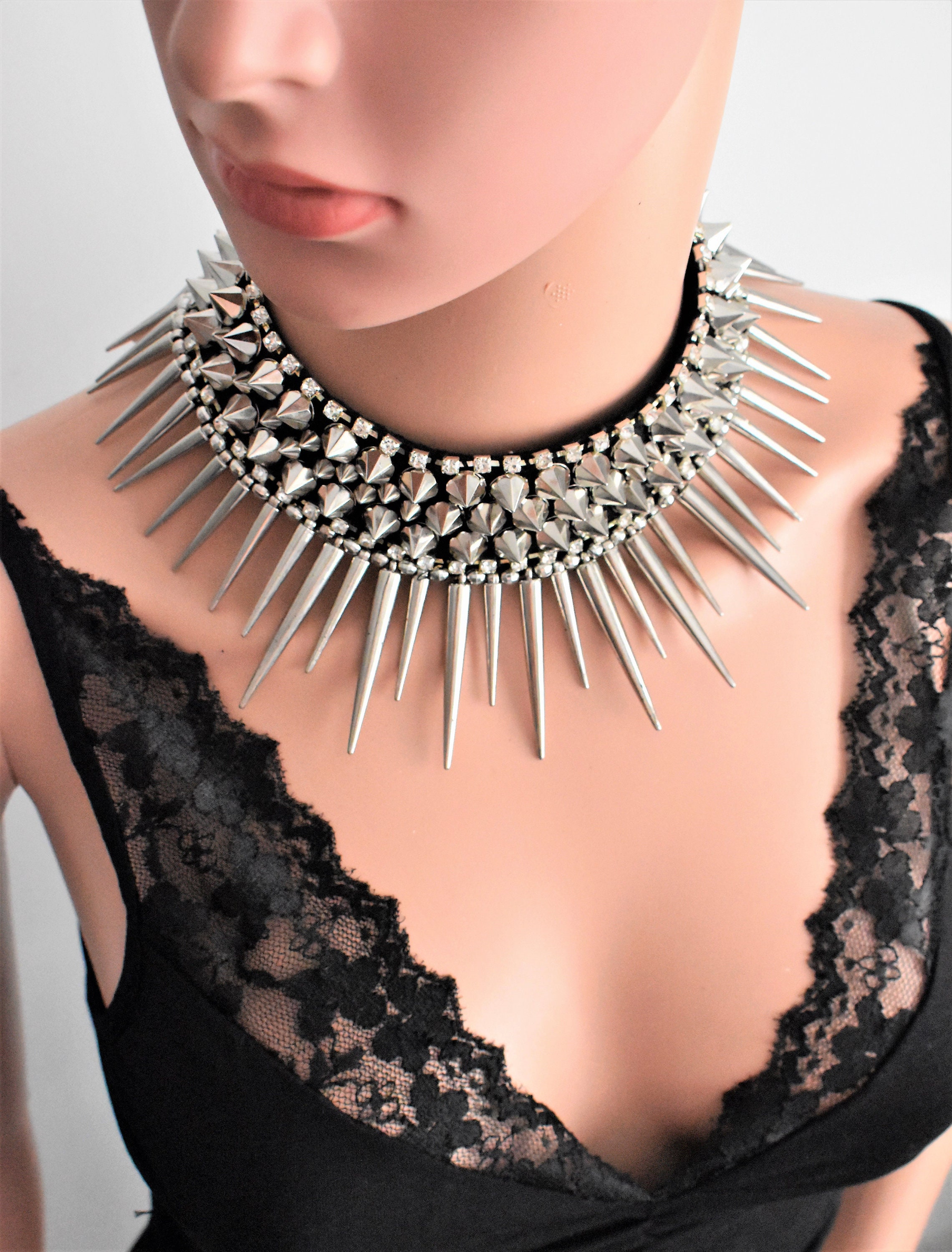 Silver Spiked Choker: Gothic Studded Collar, Rhinestone Necklace - Etsy