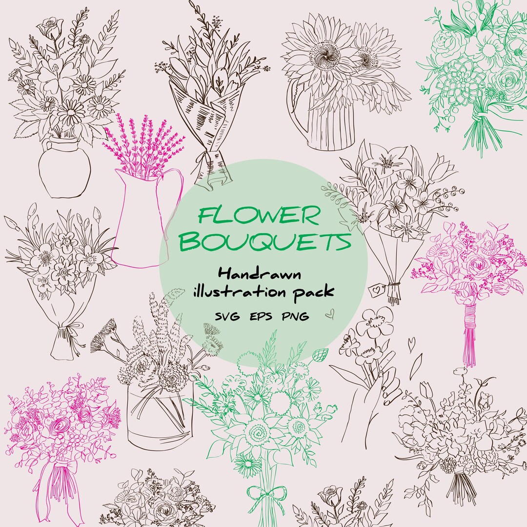 Floral Bouquet Clipart Bundle: Hand-drawn Flower Sketches (SVG, PNG ...