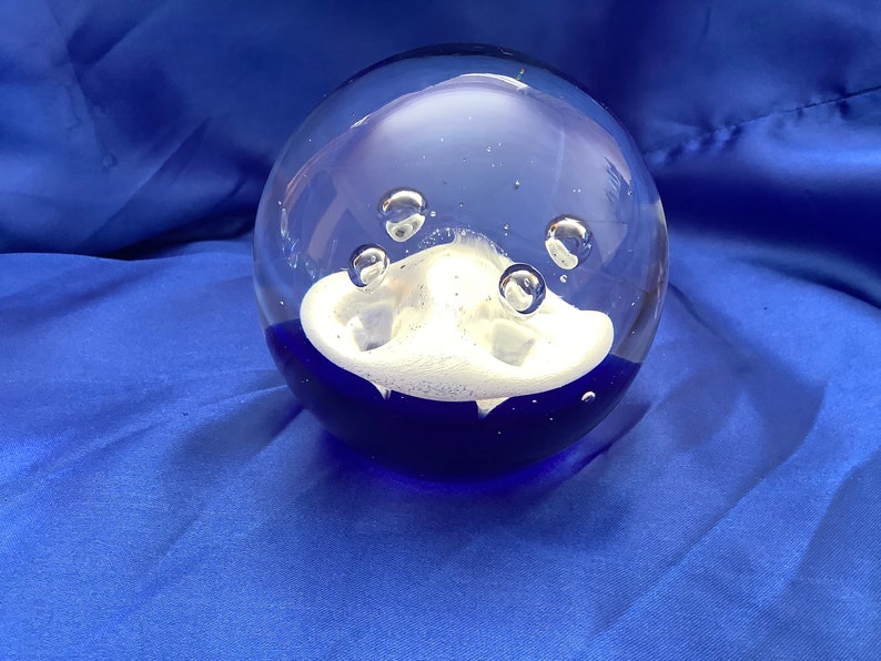 Very Large Round Glass Paperweight Clear Glass With Blue and White ... Very Large Round Glass Paperweight Clear Glass With Blue and White ...