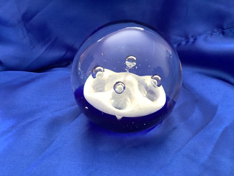 Very Large Round Glass Paperweight Clear Glass With Blue and White ... Very Large Round Glass Paperweight Clear Glass With Blue and White ...