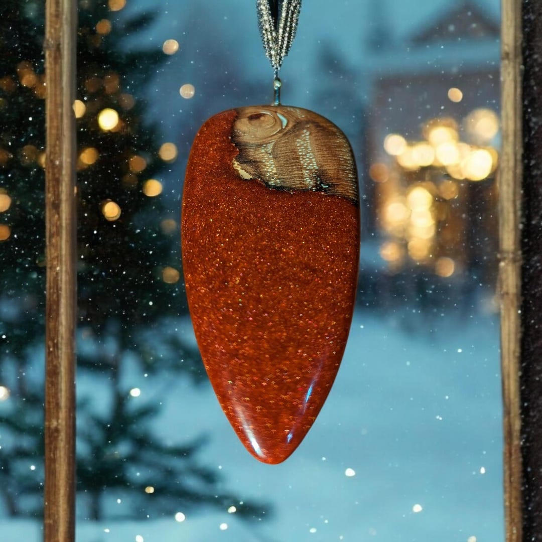Handcrafted Burr Oak Wood Resin Pendant Copper Orange | Unique Gift for ...