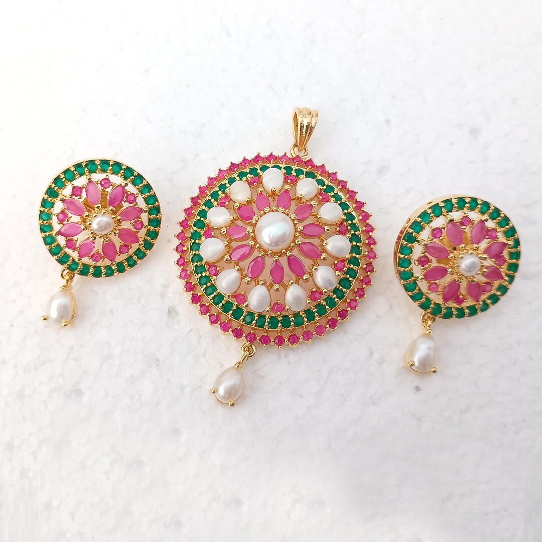 22k Gold Plated Ruby Emerald Pendant, Indian Bridal Jewelry - Etsy