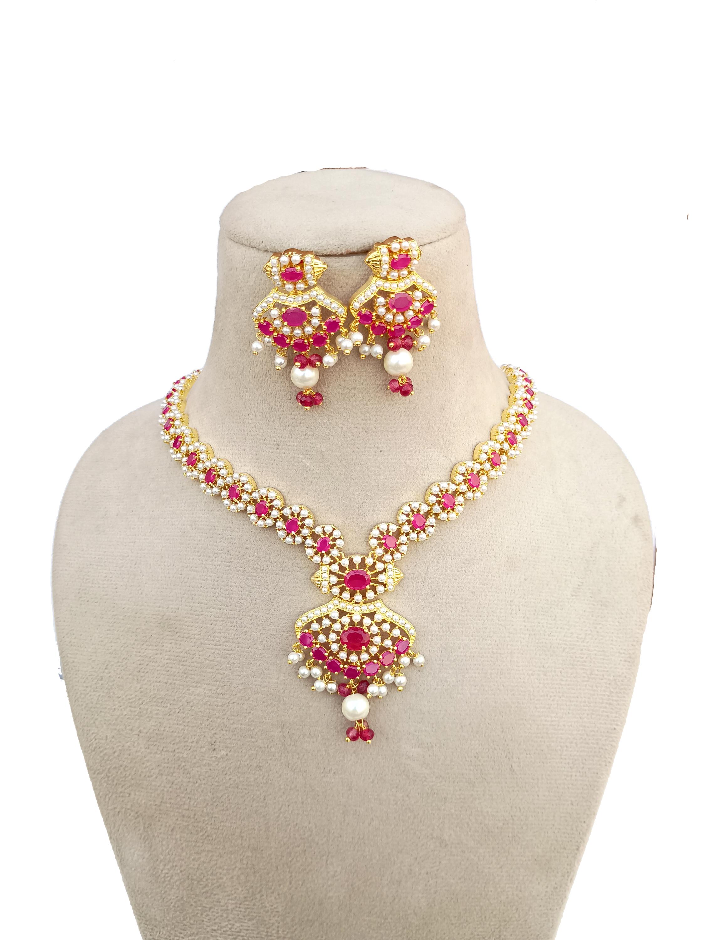 22K Gold Plated Ruby Pearl Necklace, South Indian Wedding Jewelry - Etsy