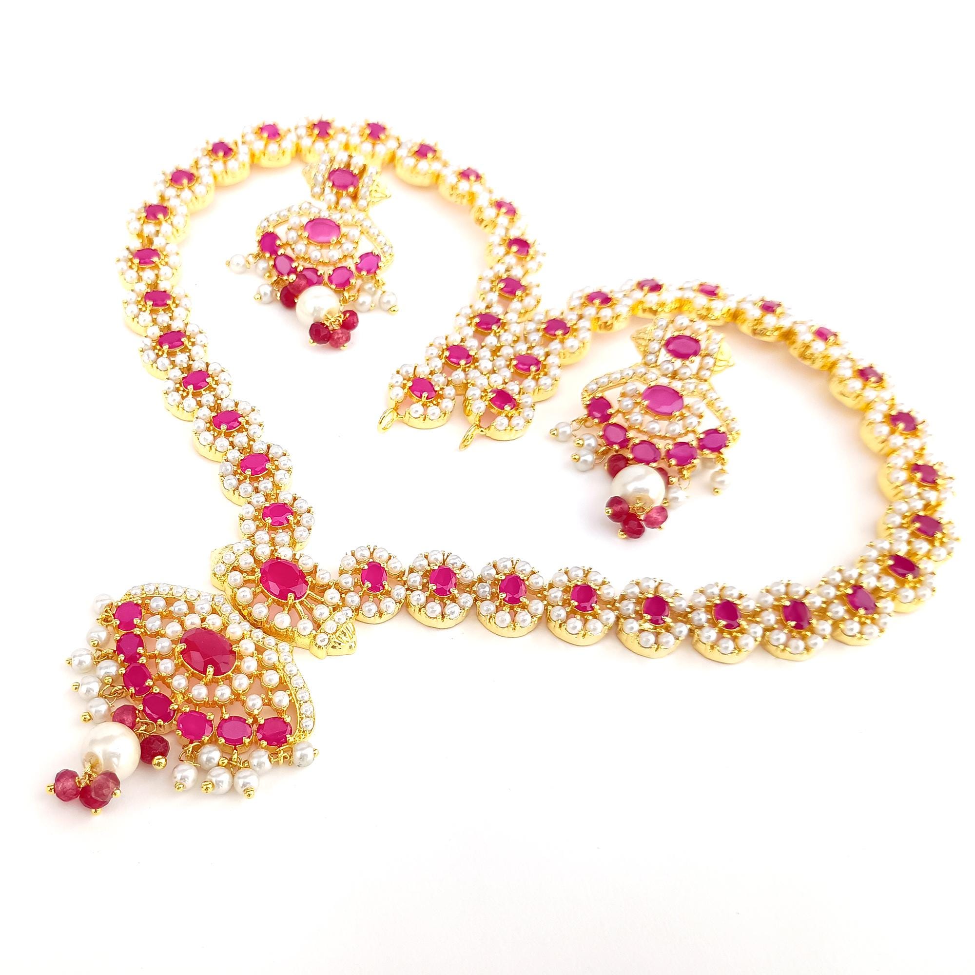 22K Gold Plated Ruby Pearl Necklace, South Indian Wedding Jewelry - Etsy