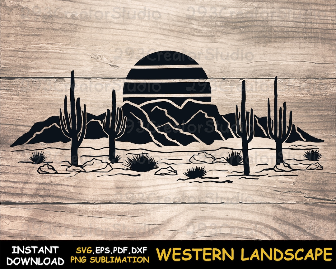 Desert Landscape Png Print, Retro Sun SVG, Western Desert Cactus Svg ...