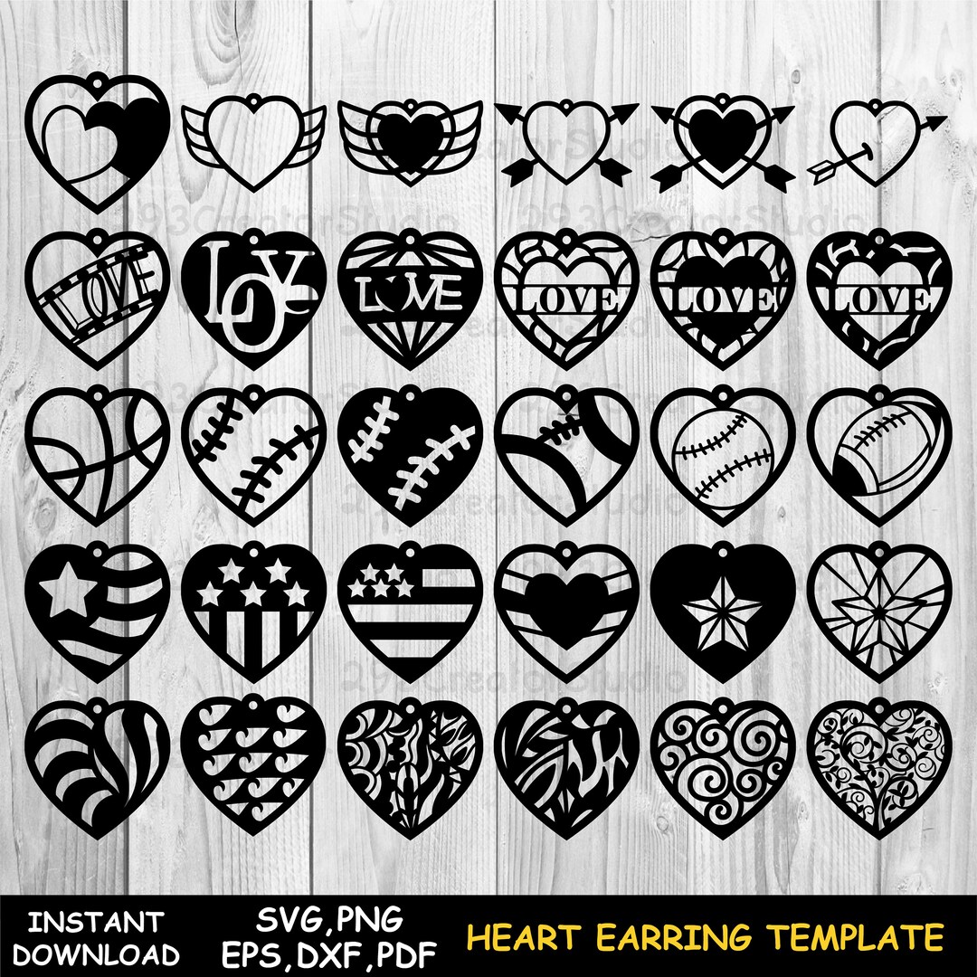 Heart Earring Svg Laser Cut Files, Heart Star Earring Bundle, Valentine ...
