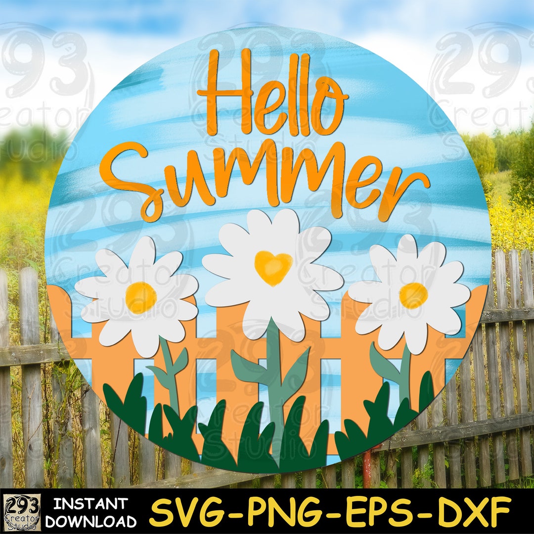 Hello Summer Daisy Sign, Round Door Hanger Svg, Flower Welcome Sign Svg ...
