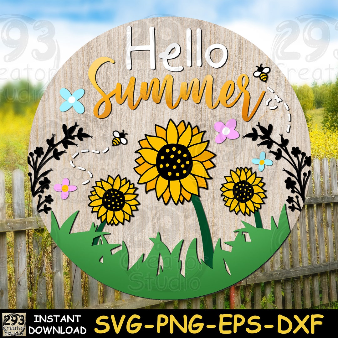 Hello Sunflower Sign, Summer Round Door Hanger Glowforge Laser Cut File ...