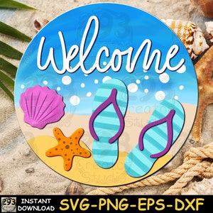 Hello Beach Sign SVG, Flip Flops Door SVG Sign, Shell, and Starfish ...