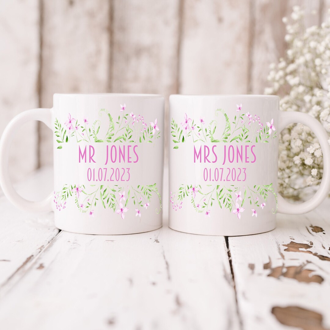 Personalised Pink Flower Border Wedding Gift Pair of Mugs - Etsy