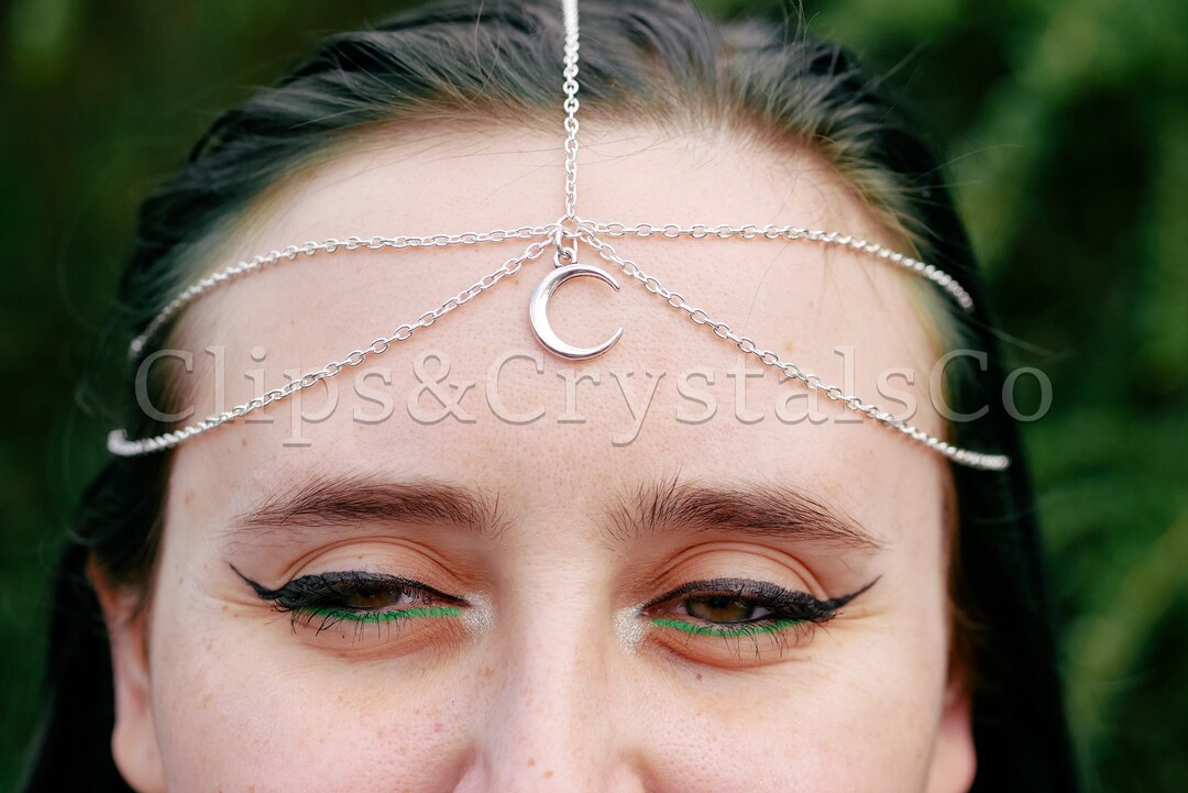 Crystal Moon Head Chain, Silver Boho Circlet Bohemian Witch Tiara Pagan ...