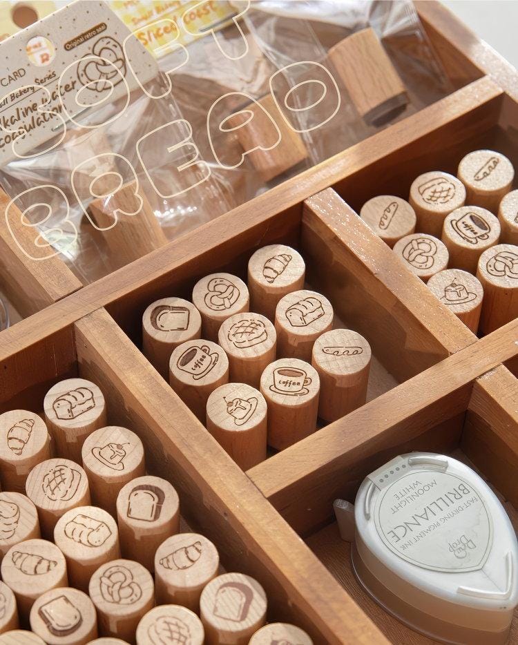 8 Types | Beech Wood Laser-engraved Mini Icons Rubber Stamps | Food ...