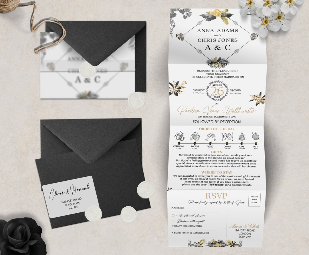 Modern Concertina Wedding Invitation, Flower Frame Wedding Invitte ...