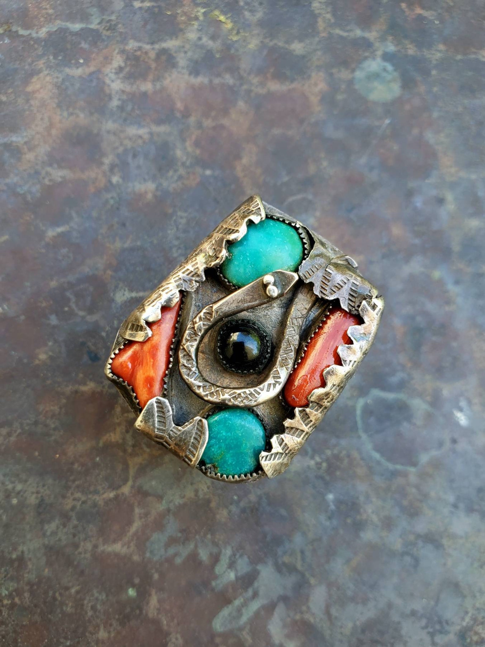 Vintage Native American Zuni Turquoise Coral Onyx Snake Ring - Etsy