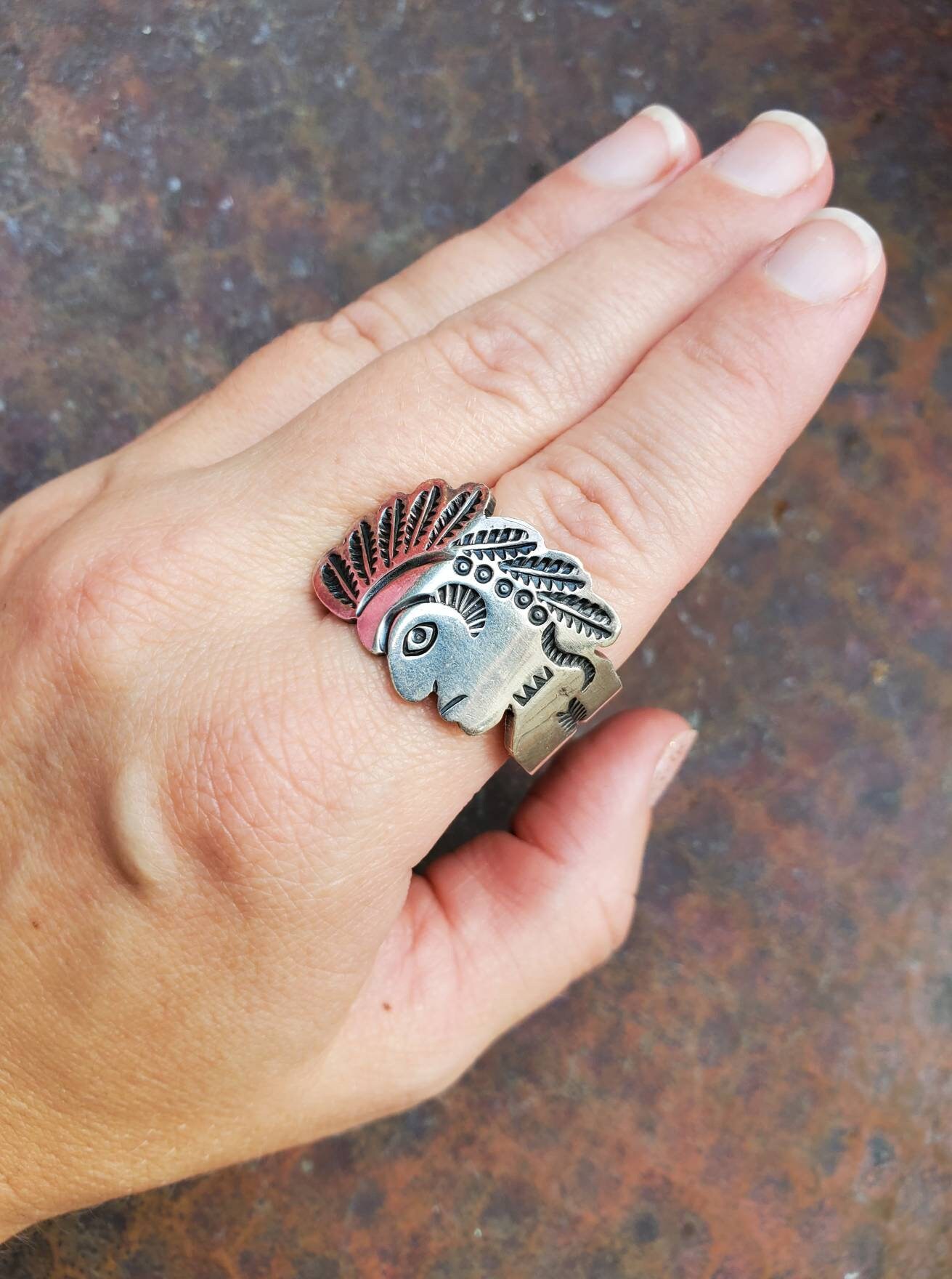 Native American Andy Cadman Chief Head Silver Ring | Etsy