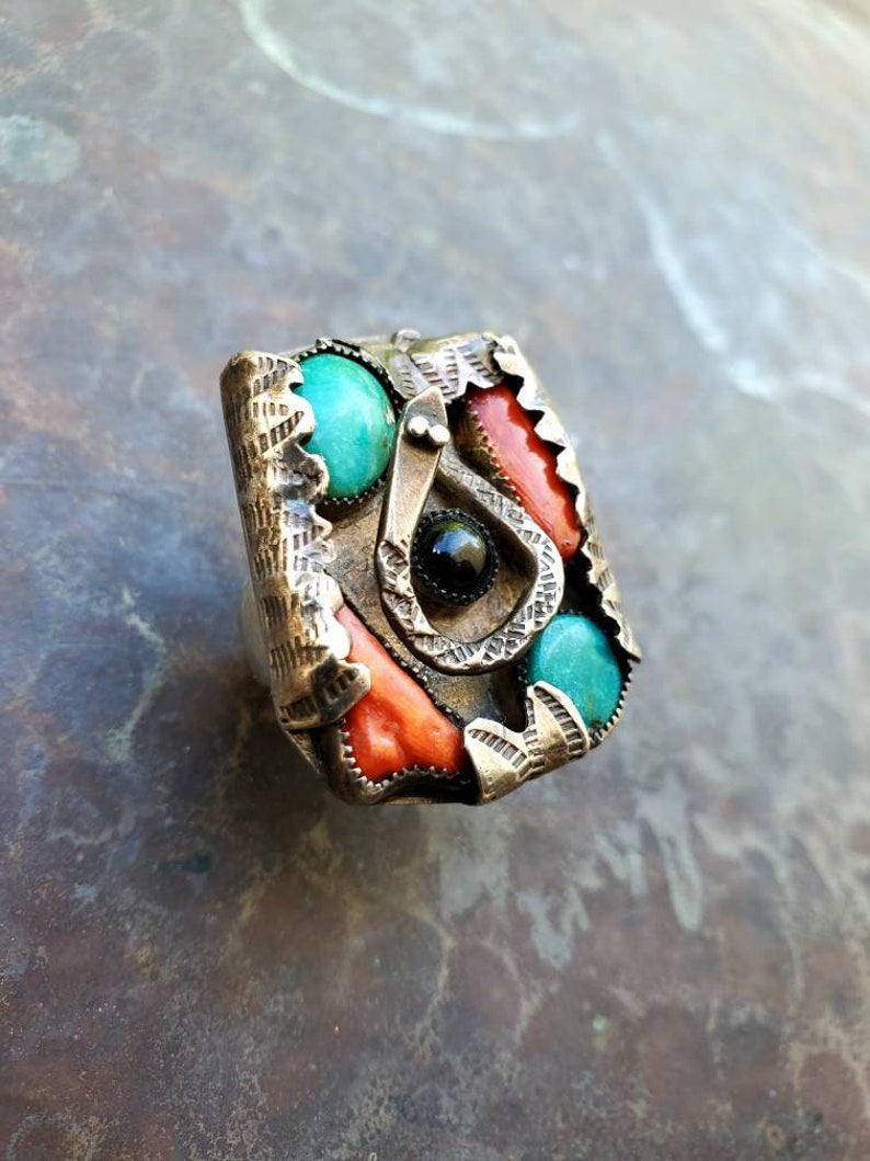 Vintage Native American Zuni Turquoise Coral Onyx Snake Ring - Etsy