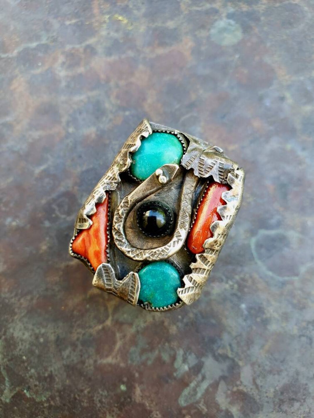 Vintage Native American Zuni Turquoise Coral Onyx Snake Ring - Etsy