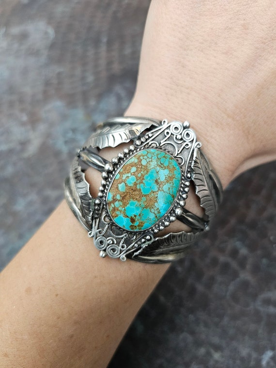 Heavy Native American Navajo Turquoise Bracelet Cuff - Gem