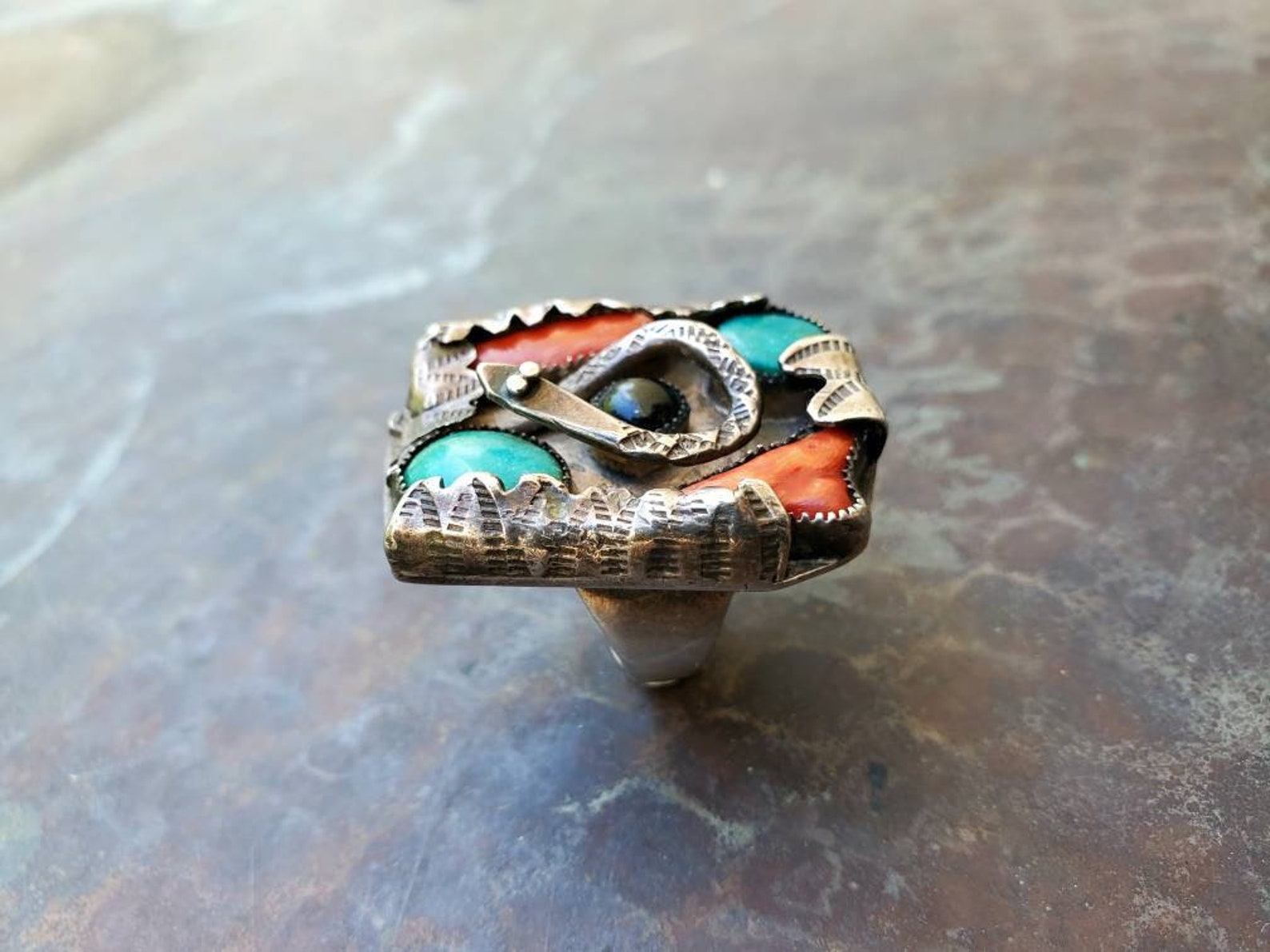 Vintage Native American Zuni Turquoise Coral Onyx Snake Ring - Etsy