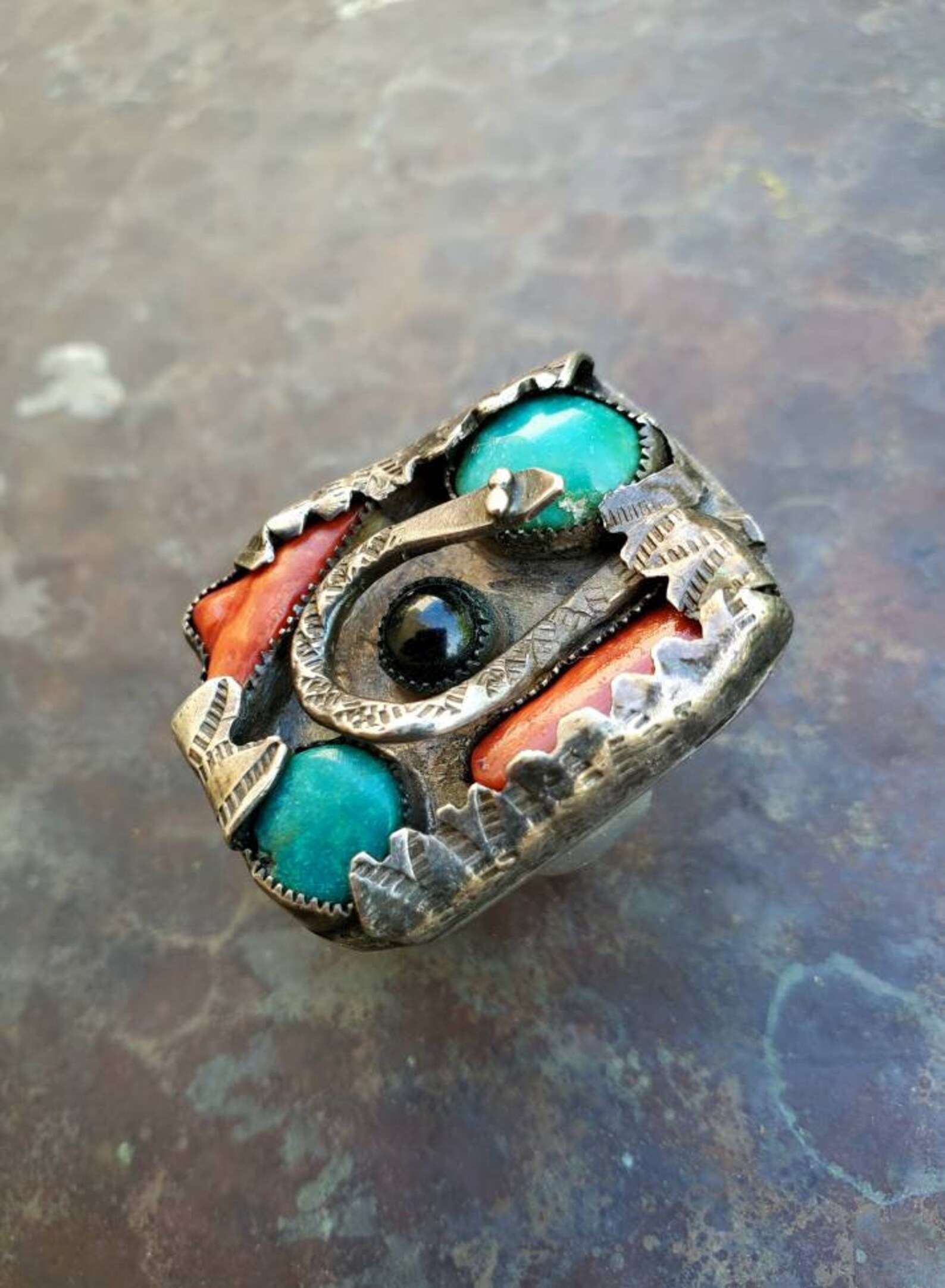Vintage Native American Zuni Turquoise Coral Onyx Snake Ring - Etsy