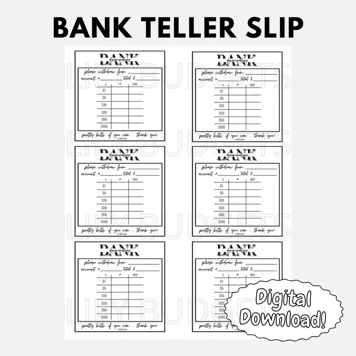 Bank Teller Slip Digital Download! | Bank Denomination Slip Printable ...