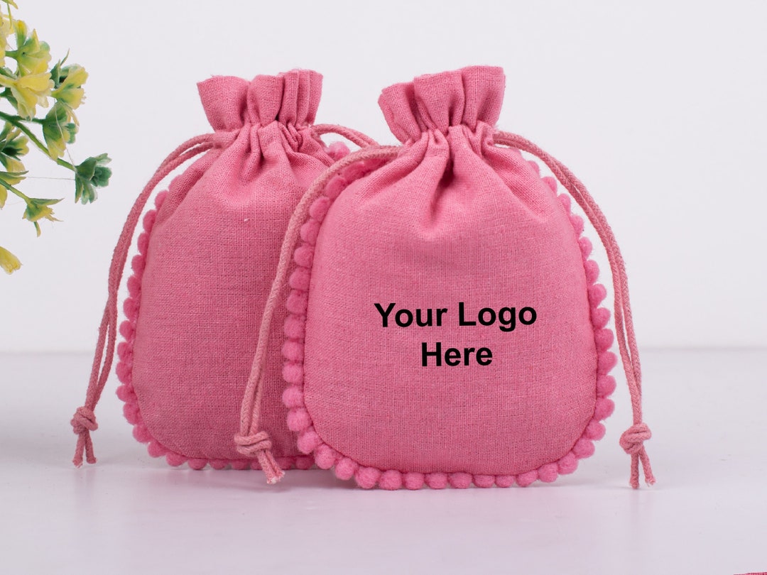 100 Custom Light Pink Cotton Drawstring Bags, Logo Print, Wedding Favor ...