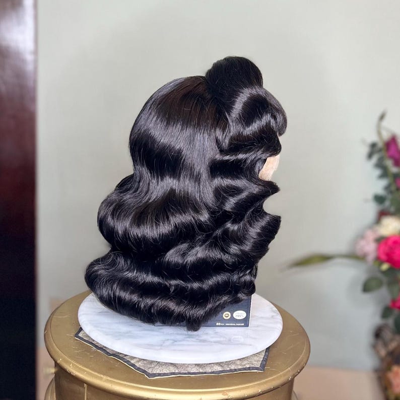 Black Pinup Wig Bangs 1950s Hairstyle Vintage Waves Retro Burlesque ...