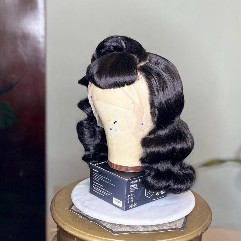 Black Pinup Wig Bangs 1950s Hairstyle Vintage Waves Retro Burlesque ...