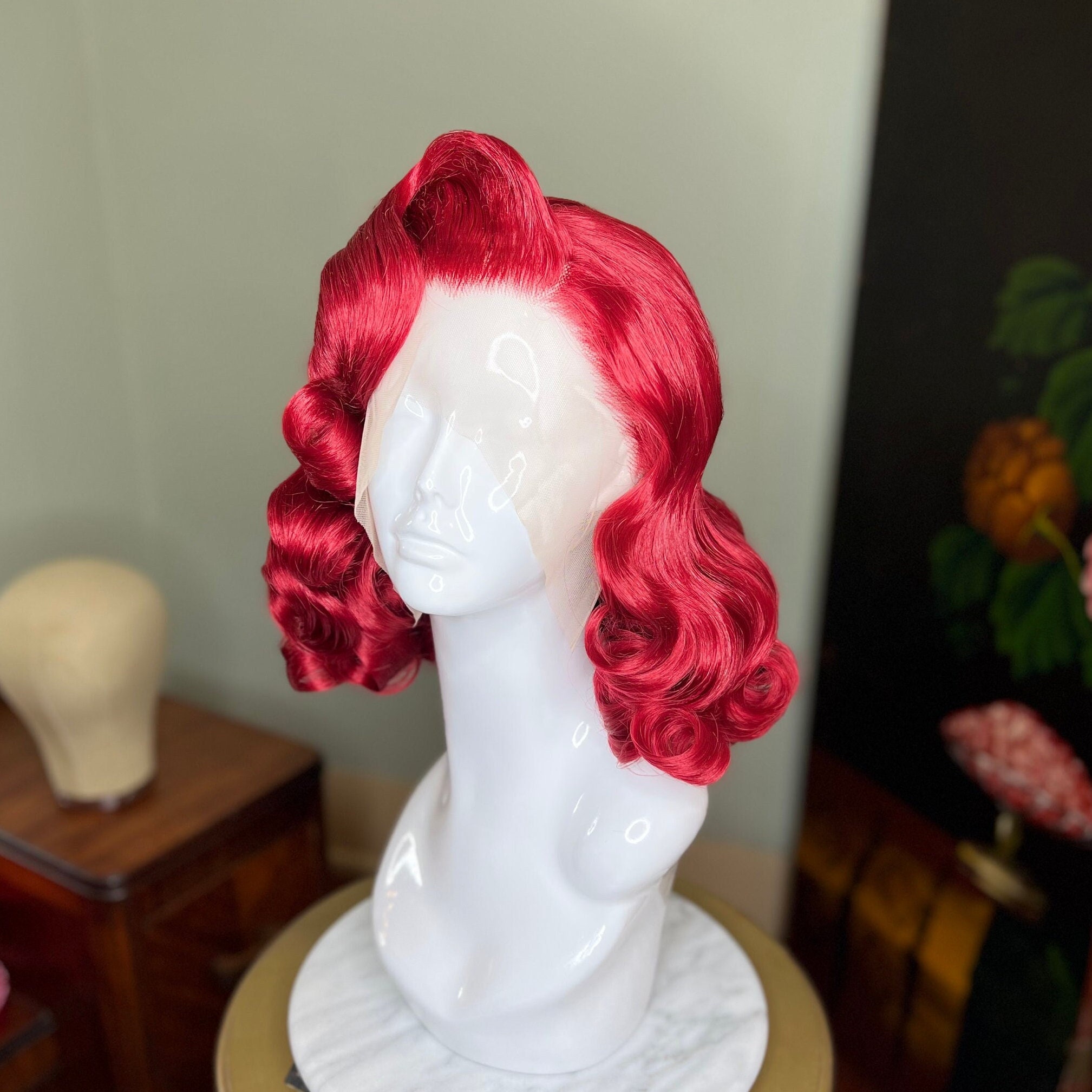 Vintage Inspired Ruby Red Wig Burlesque Pinup Hairstyle, Vintage Lace ...