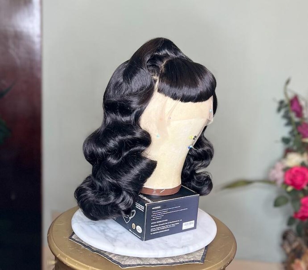 Black Pinup Wig Bangs 1950s Hairstyle Vintage Waves Retro Burlesque ...