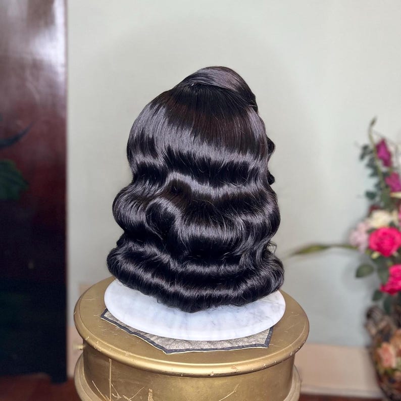 Black Pinup Wig Bangs 1950s Hairstyle Vintage Waves Retro Burlesque ...