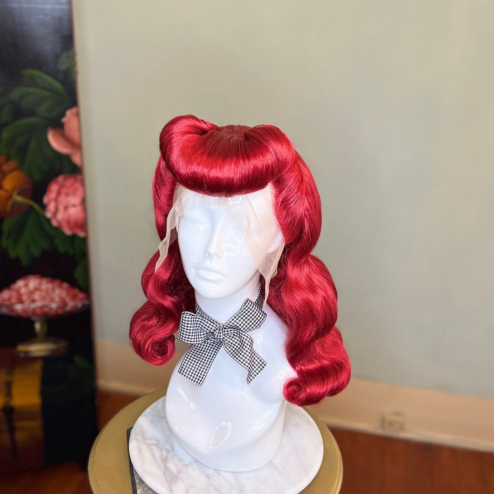 Ruby Red Pinup Wig With Bumper Bangs 1940s Vintage Hairstyle Etsy