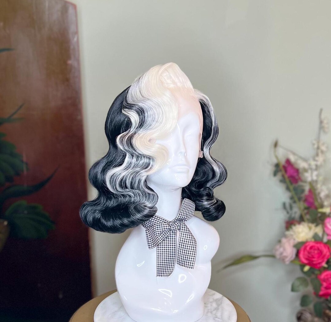 Pinup Goth Black Vintage Hairstyle Platinum Streak Short Waves 1950s ...