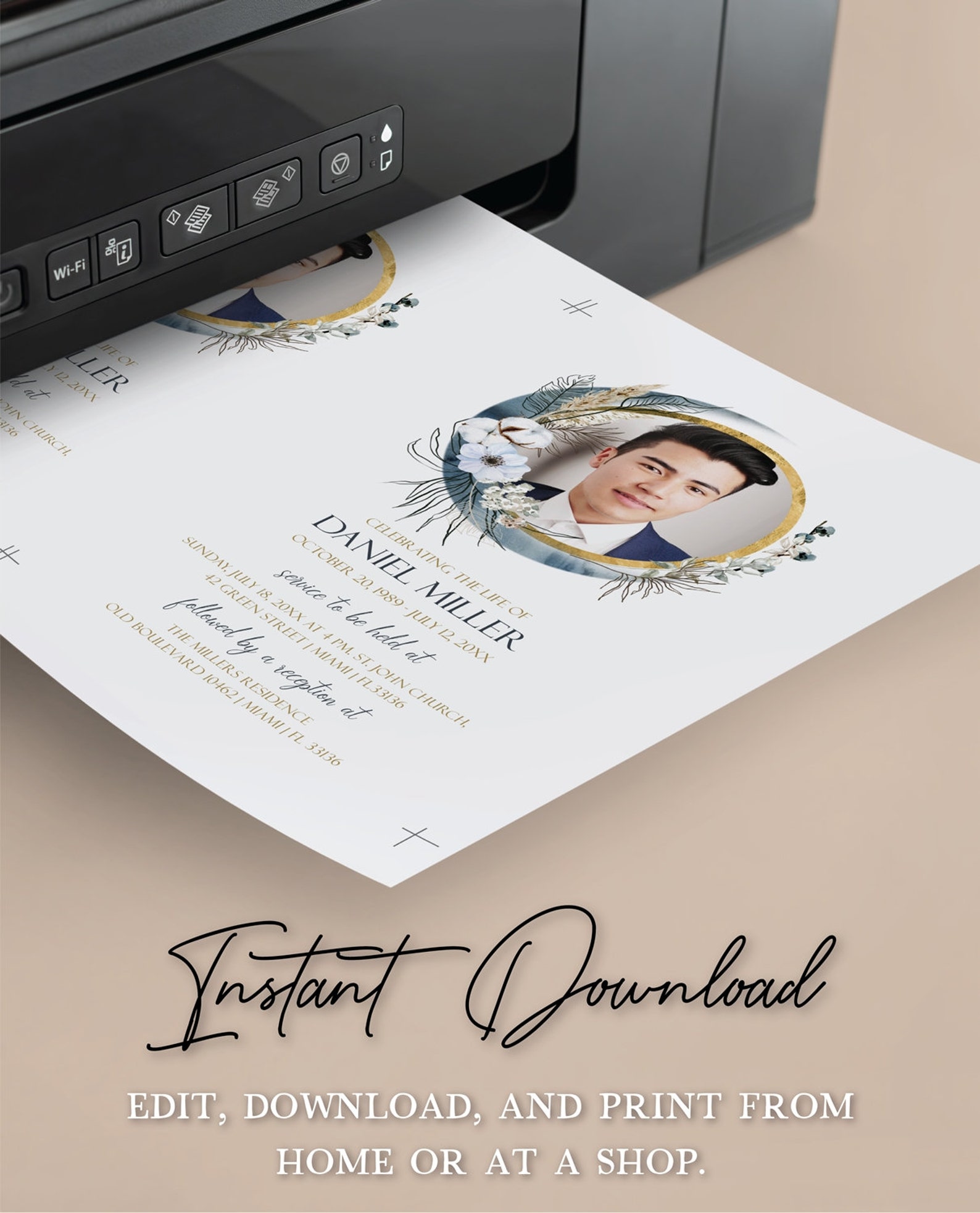 Funeral Invitation | Obituary Template | Funeral Card Blue | Printable ...