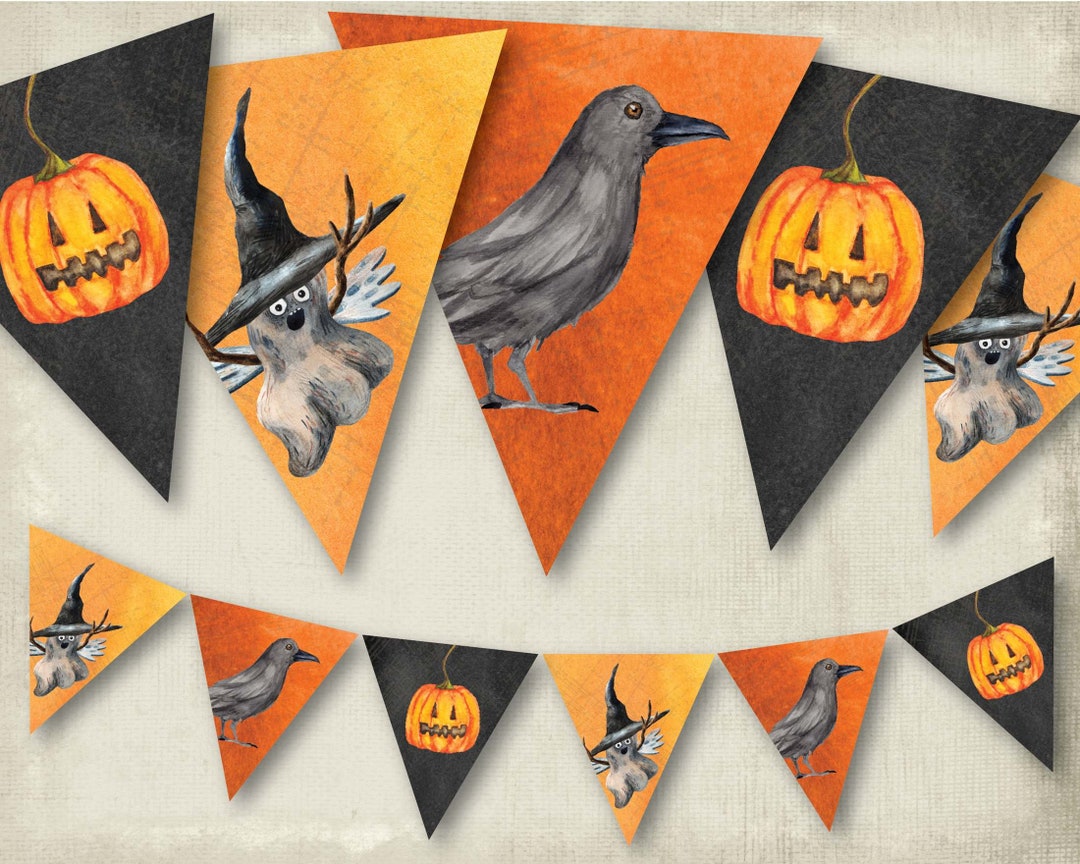 Halloween Banner RAVEN, Ghost Banner, Printable Garland, Orange ...