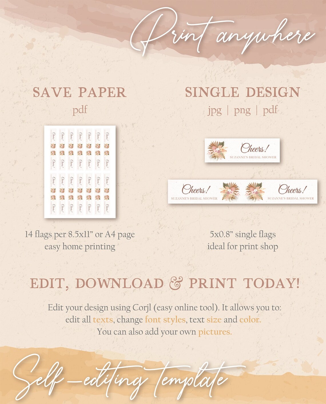 Editable Straw Labels Boho Straw Flags Bridal Shower - Etsy