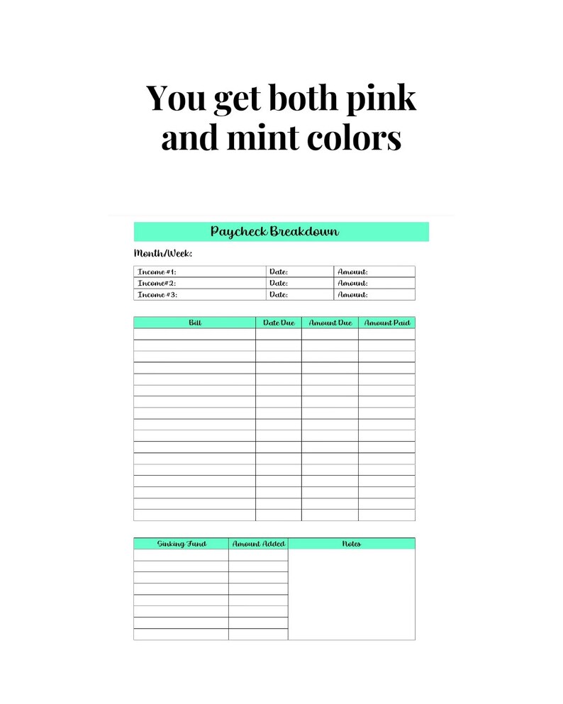 Paycheck and Bill Pay Breakdown - Pink and Mint Colors - Etsy