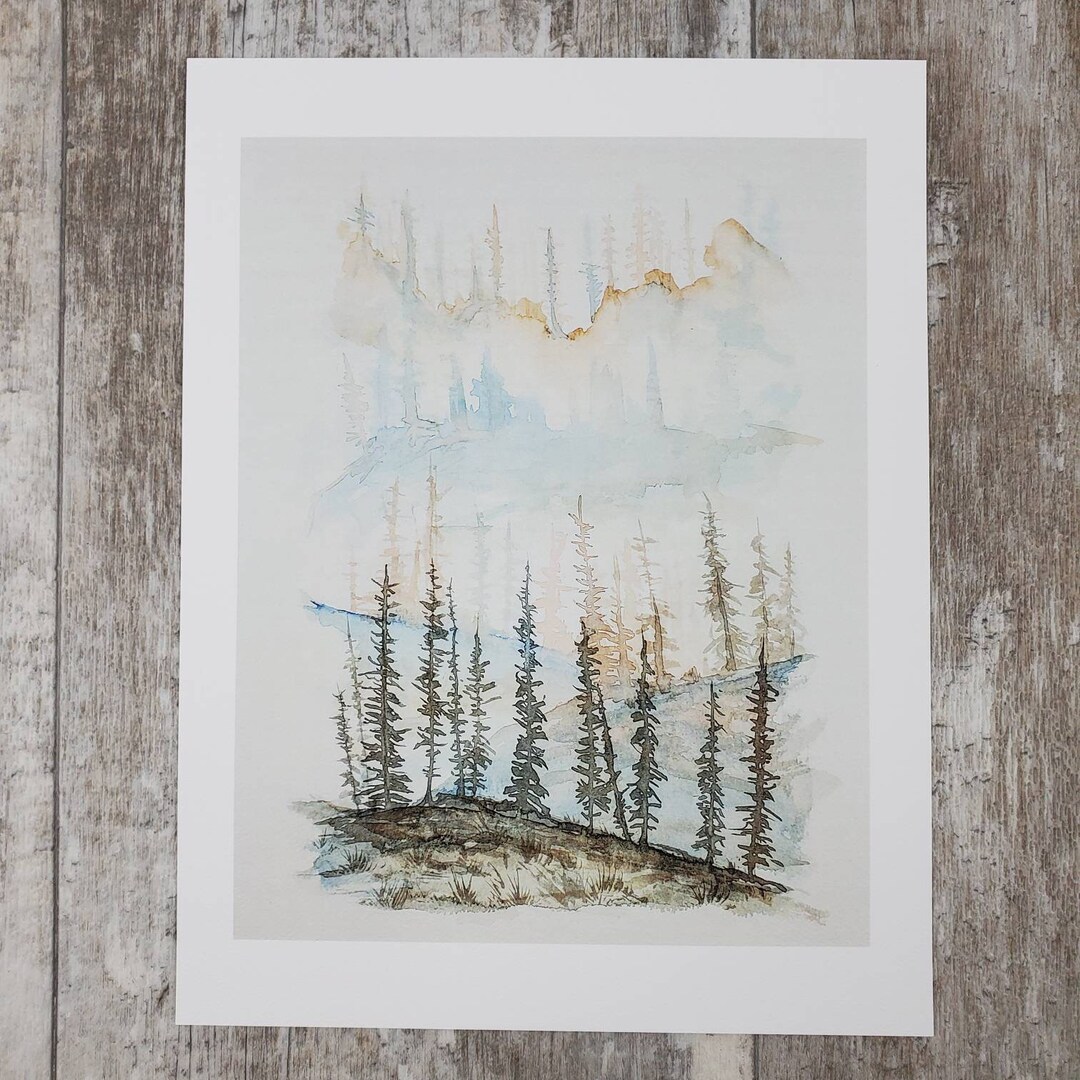 Treeline - Watercolor Print, Mountains, Lake, 8.5 X 11", Landscape ...