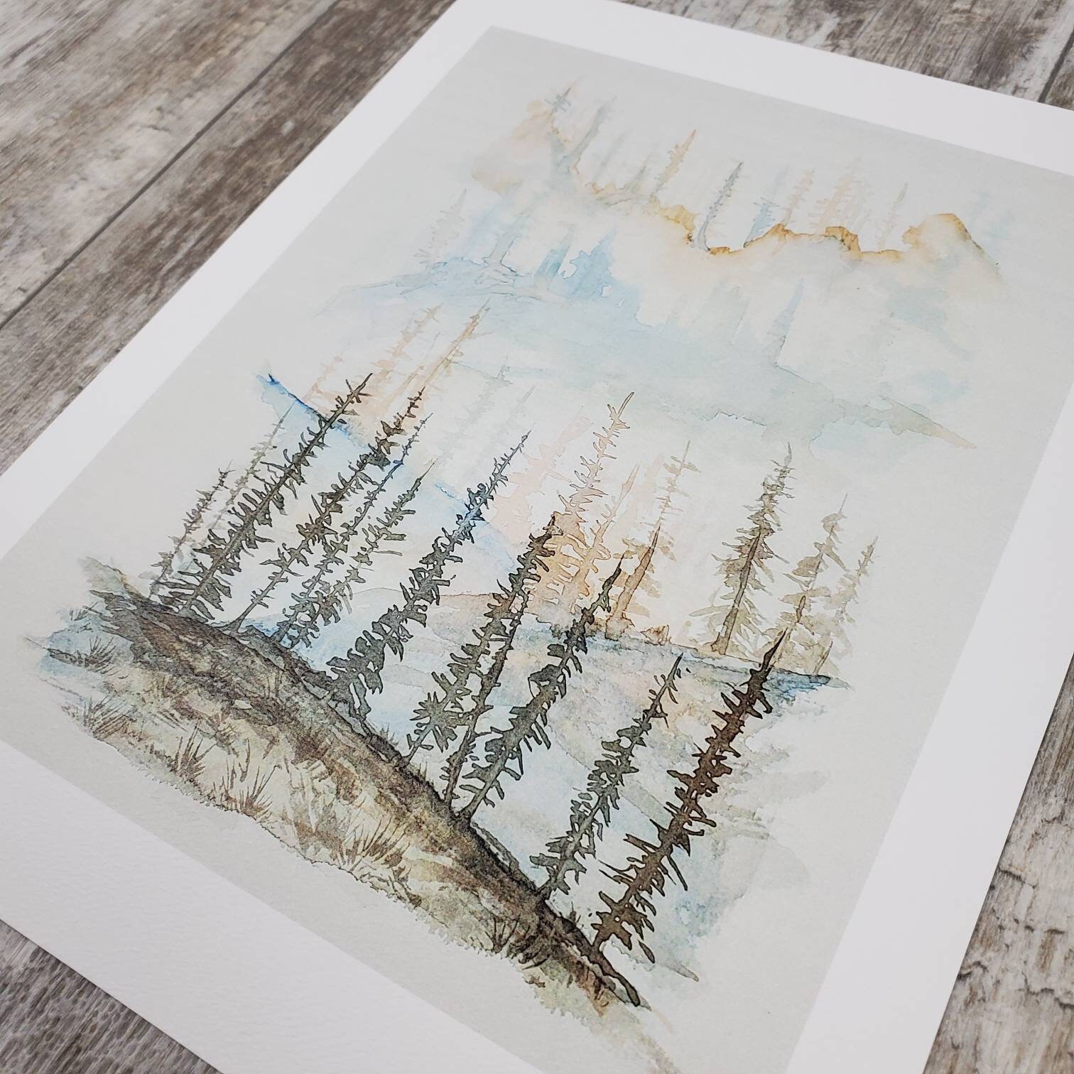 Treeline - Watercolor Print, Mountains, Lake, 8.5 X 11", Landscape ...