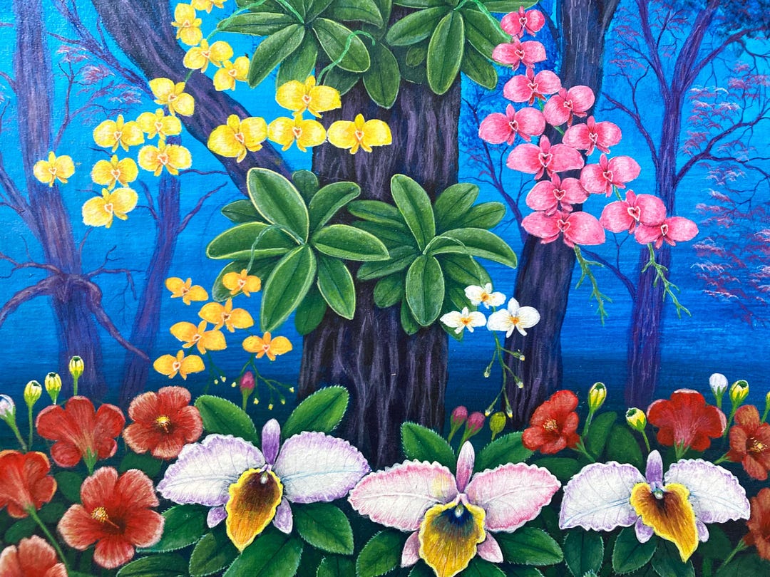 Haiti Painting Lush Orchids Tropical Jungle Foliage Flowers Original ...