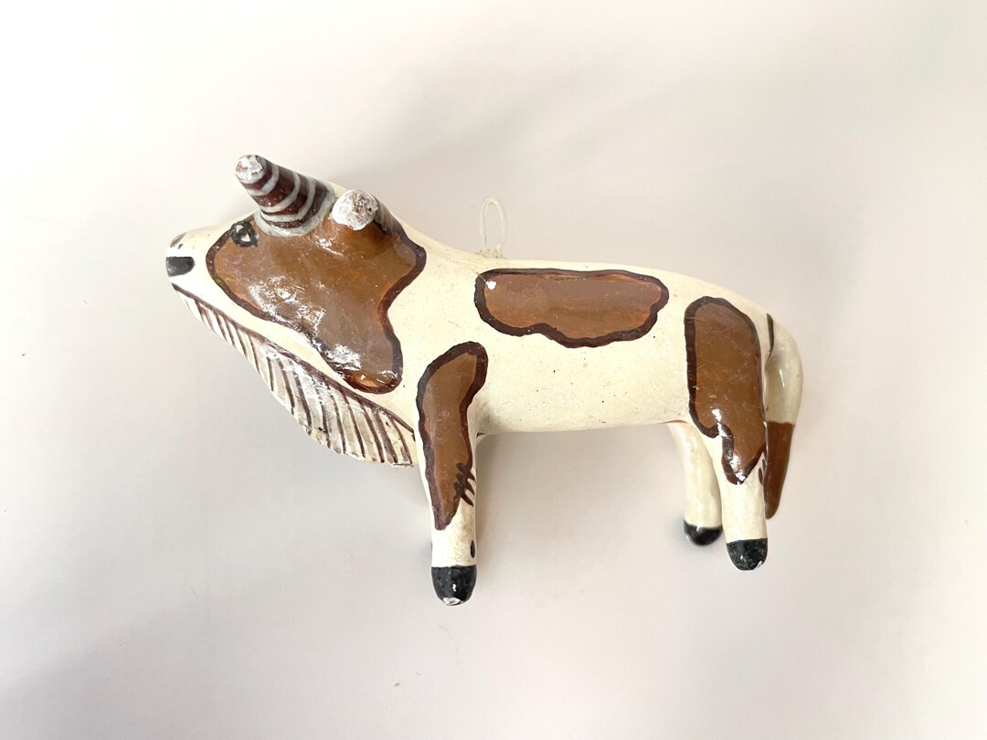 Folk Art Hand Carved Wood Brown White Cow Haiti Painted Cattle Figurine ...
